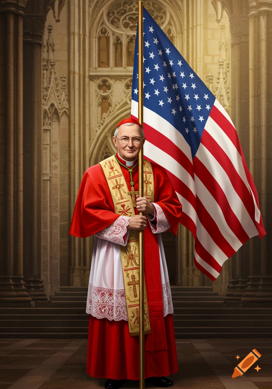 A Catholic cardinal stands holding an American flag inside a large ...