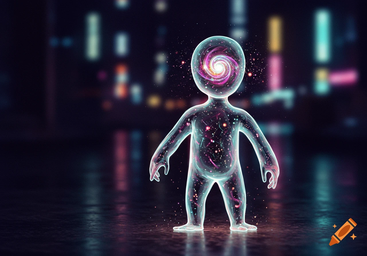 A glowing, transparent humanoid figure with a galaxy in its head stands ...