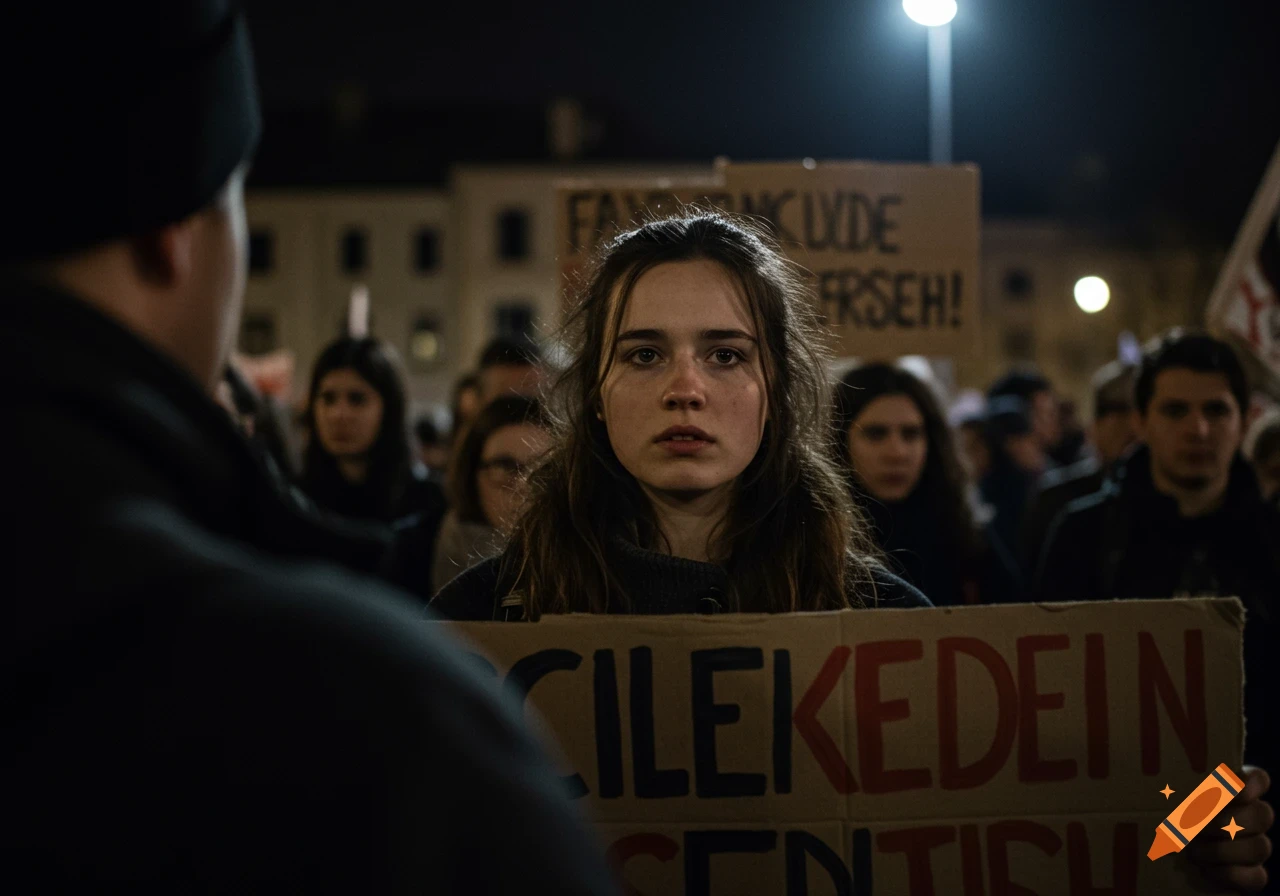 Close-up photo of a young woman holding a protest sign in a crowd at ...