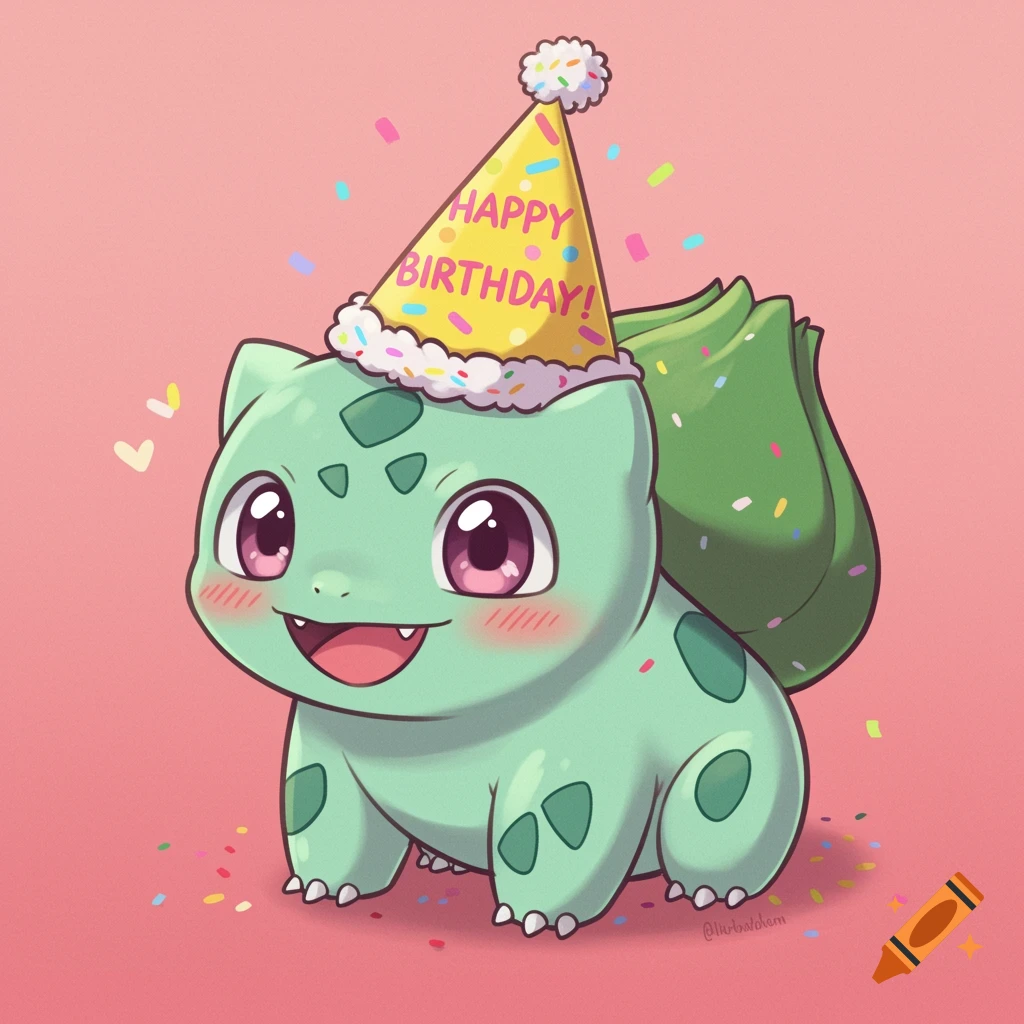 Cute cartoon Bulbasaur wearing a yellow birthday hat with "Happy ...