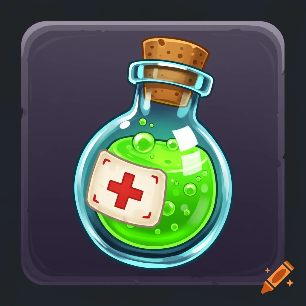 Cartoon 2D icon of a green health potion bottle with a red cross label ...