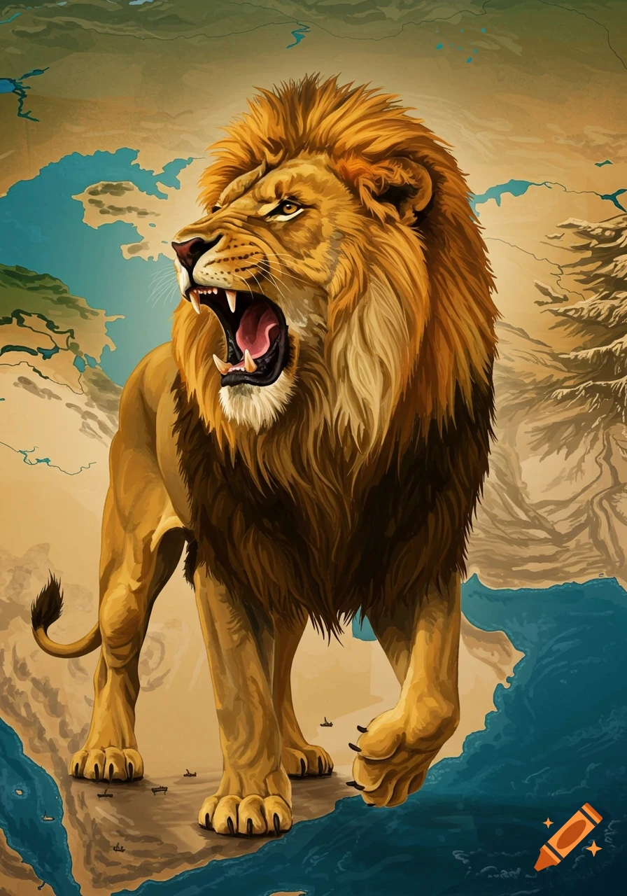 An illustrated male lion stands roaring on top of a map of land and ...