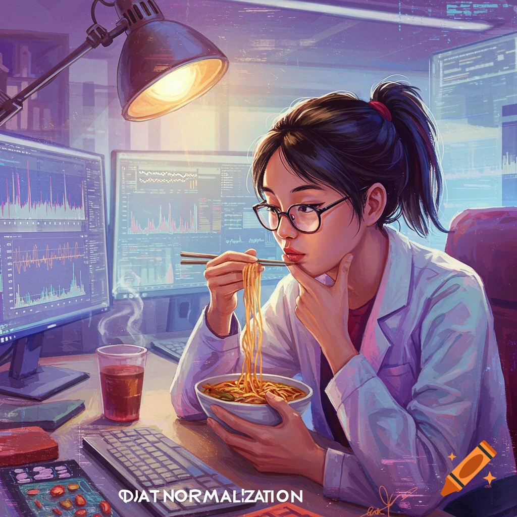 A person eating noodles at a desk with multiple computer monitors ...