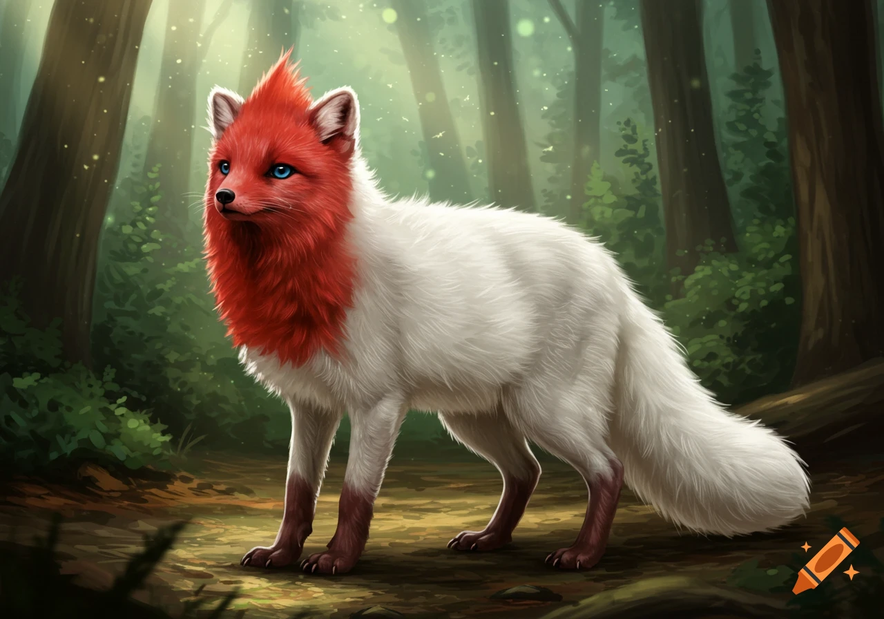 An illustration of a red and white cardinal-fox hybrid creature ...