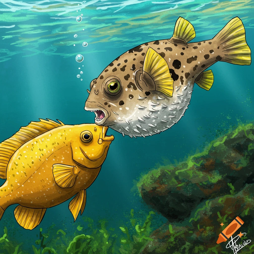 Illustration of a puffer fish biting a yellow fish underwater on Craiyon