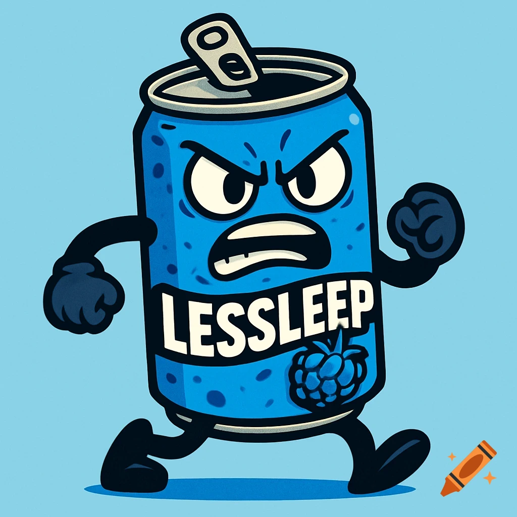 Cartoon blue soda can mascot with angry face and text LESSLEEP running ...