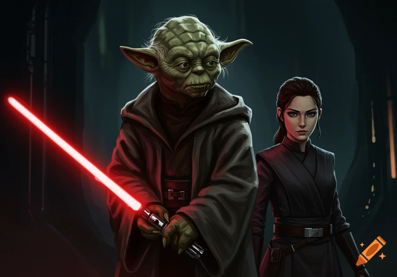Yoda holding a red lightsaber next to a young woman in dark robes. on ...