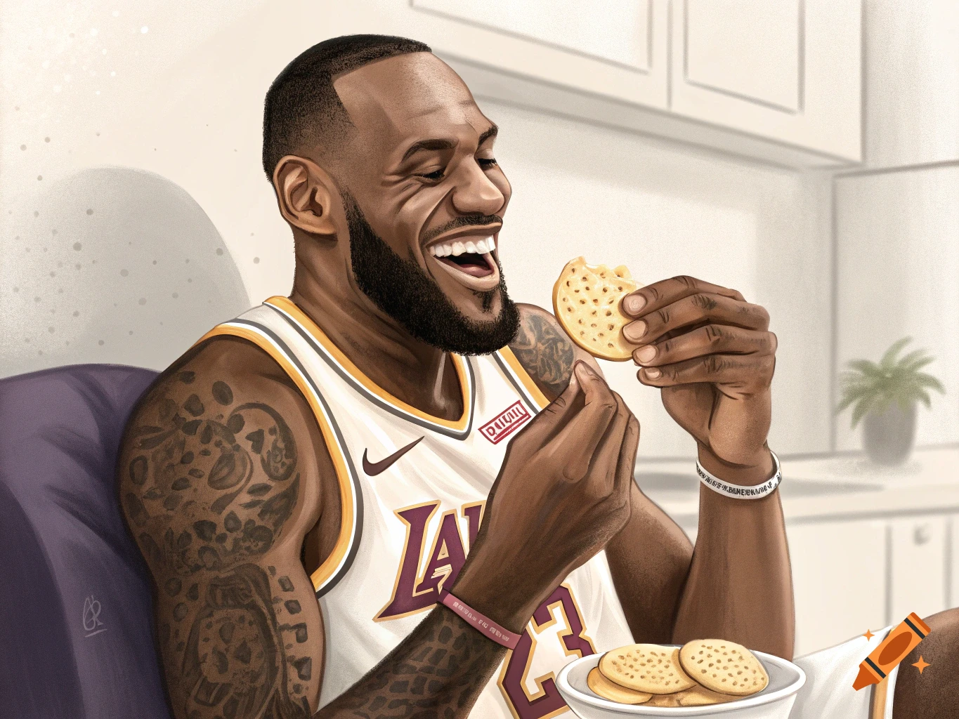 Illustration of Lebron James laughing and eating a cracker on Craiyon