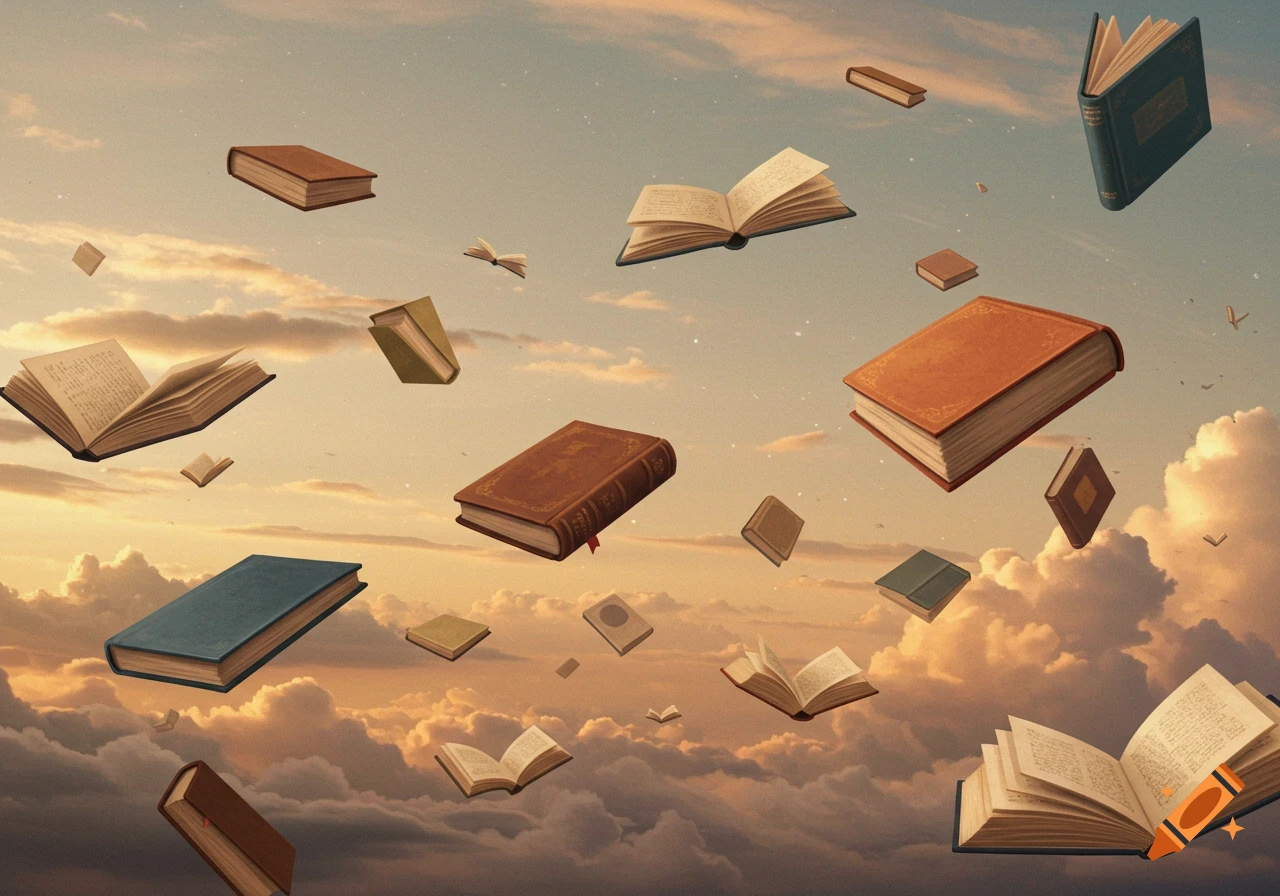 Books float through a cloudy sky, some open to reveal illegible text ...