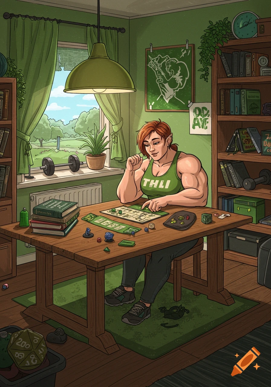 An illustration of a muscular female elf playing a board game in a ...