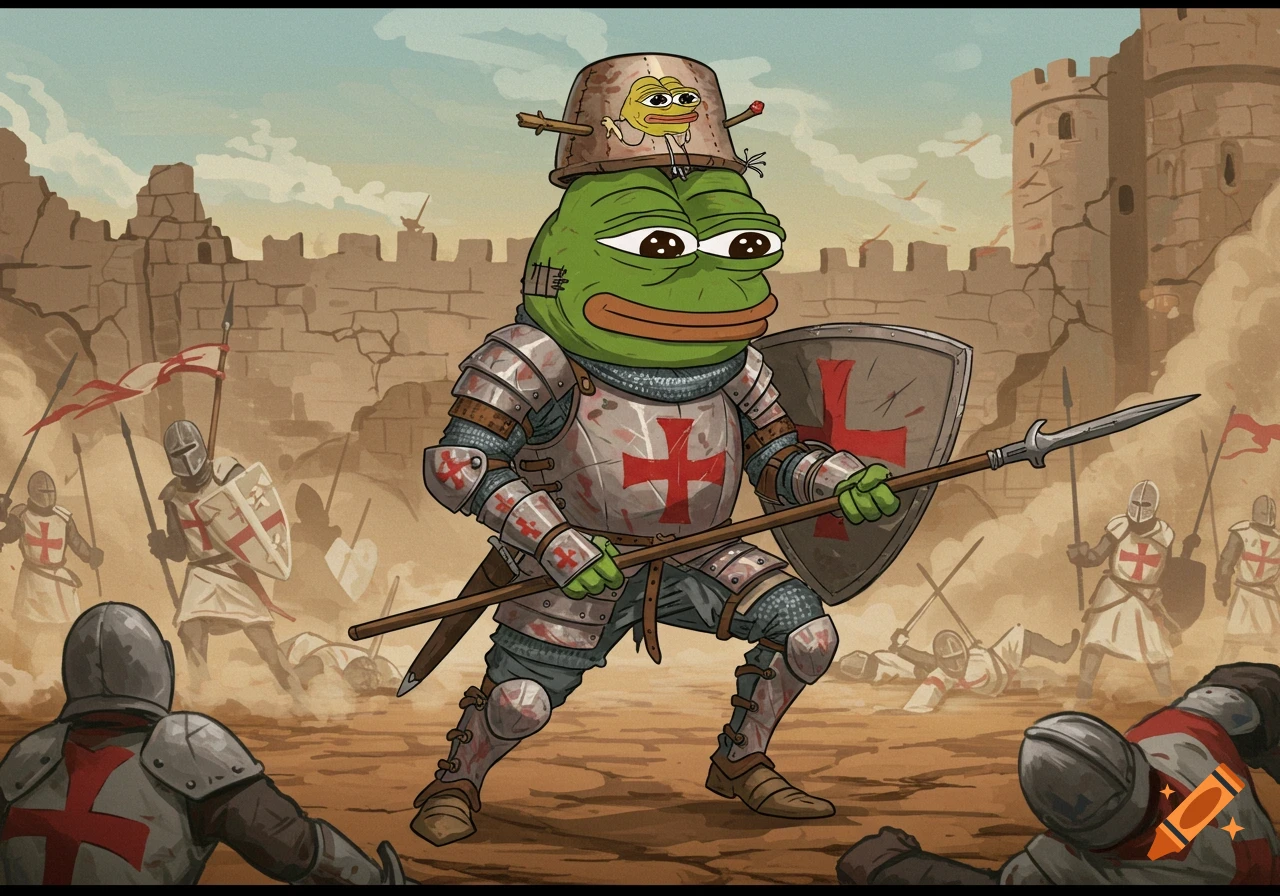 Cartoon Pepe in knight armor on a battlefield with other crusaders. on ...