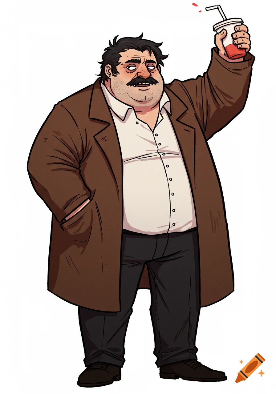 Illustration of a burly man with a mustache, brown coat, holding a ...