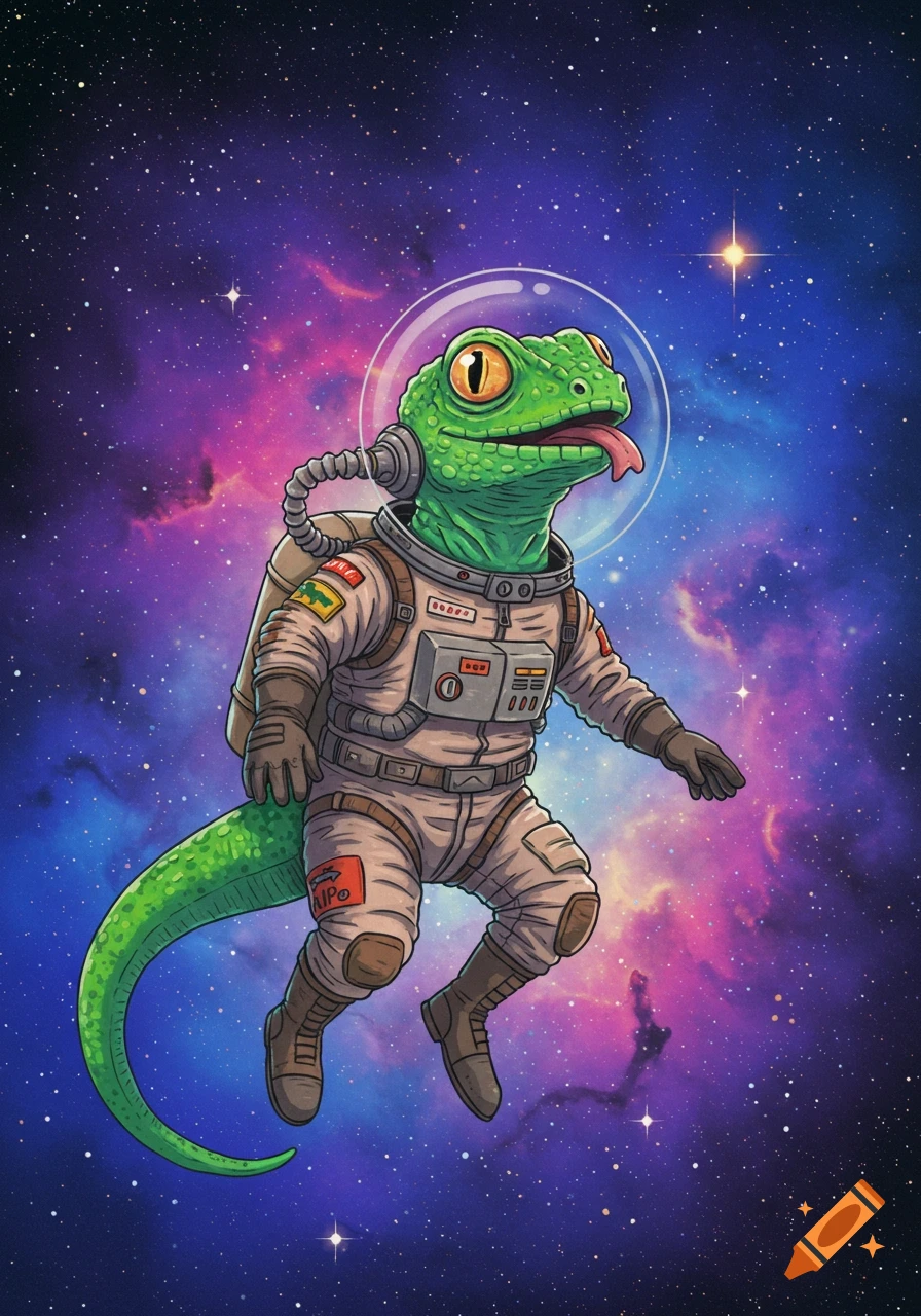 Cartoon green lizard in a spacesuit floating in space with a vibrant ...