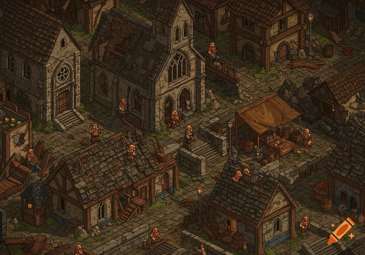 Pixel art isometric view of a ruined medieval town with dwarven ...