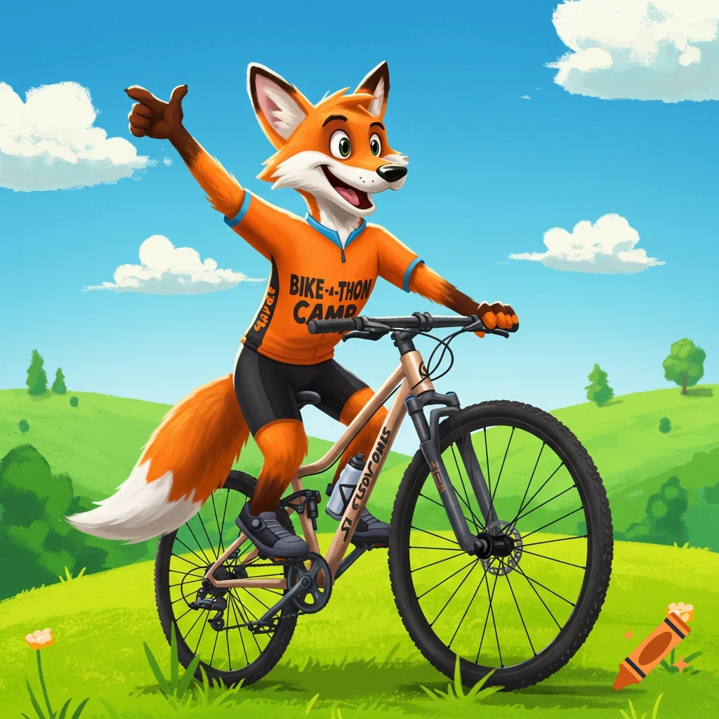 Cartoon fox riding a bike and pointing in a grassy landscape. on Craiyon