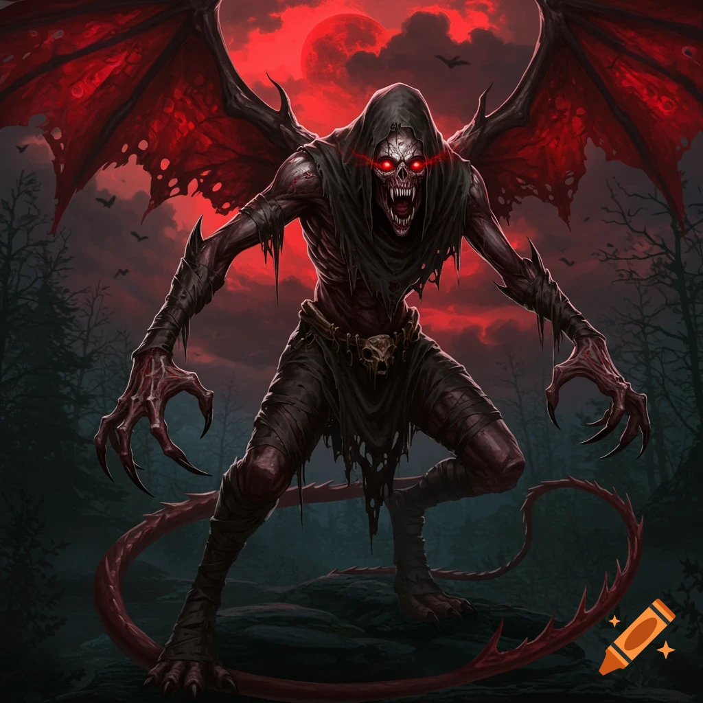 A dark winged creature with red eyes and claws stands in a forest under ...