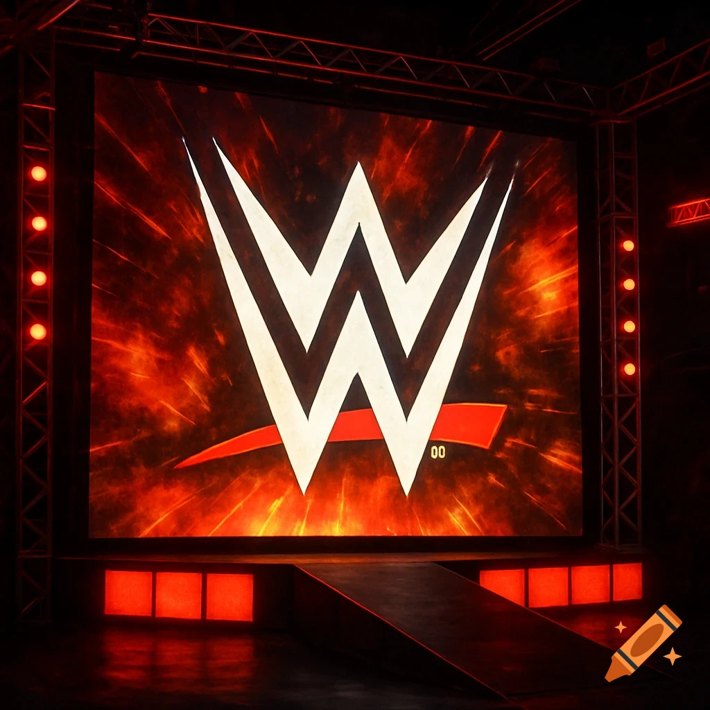WWE logo on a large screen above a wrestling stage ramp with red lights ...