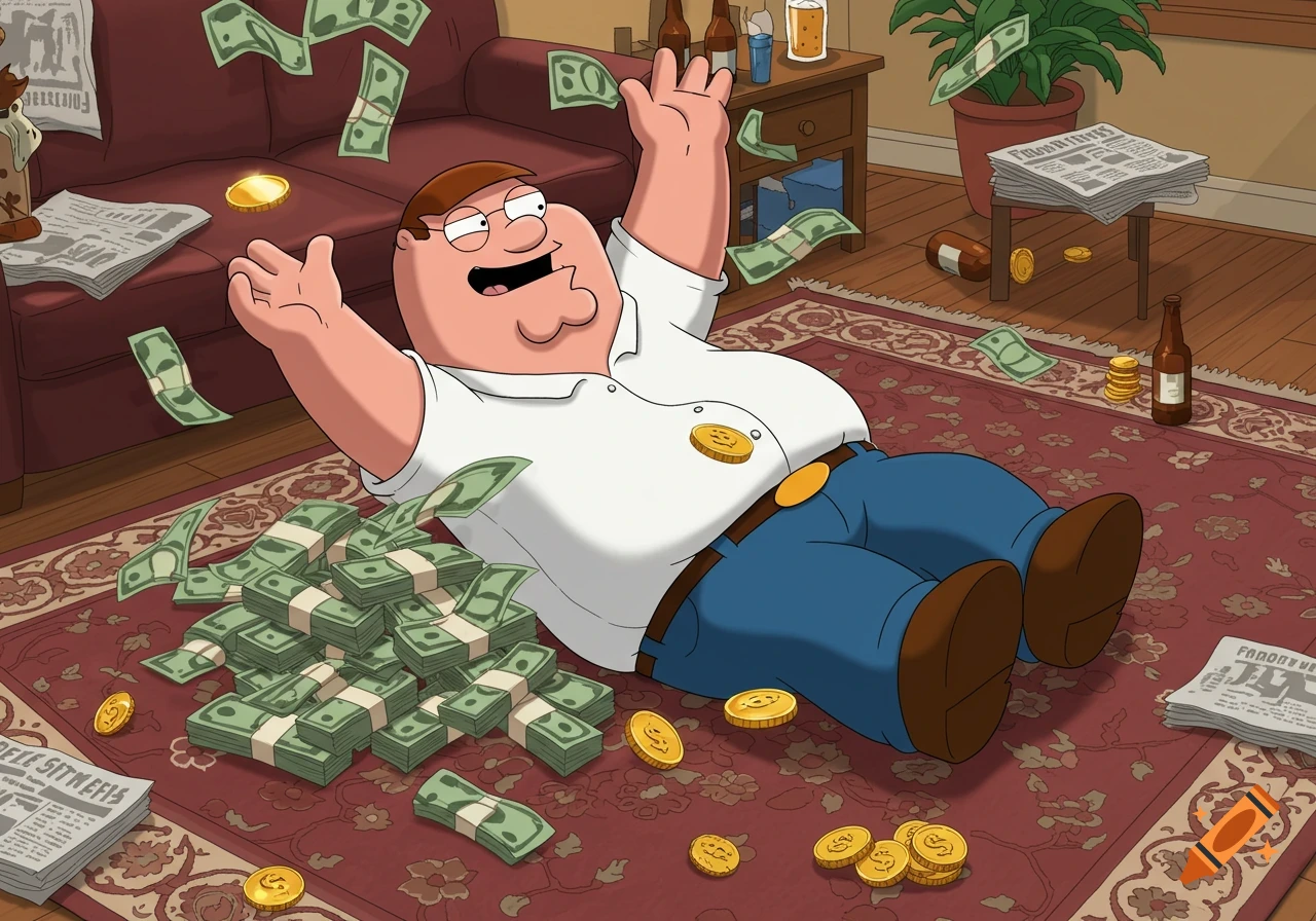 Peter Griffin lies on a rug covered in stacks of money in a cartoon ...