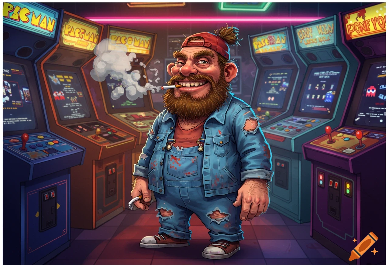 Cartoon illustration of a man smoking a cigarette in an arcade. on Craiyon