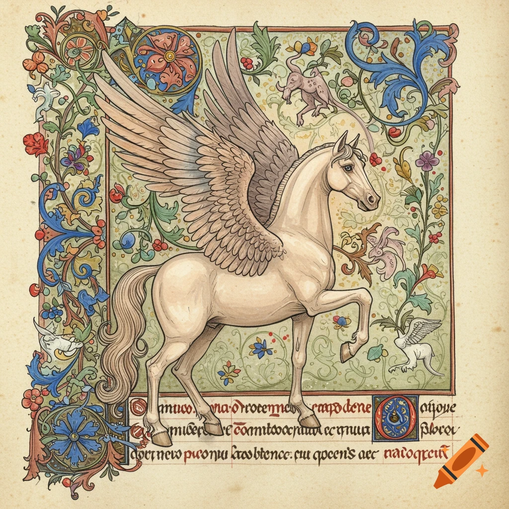 A winged horse in the style of a medieval illuminated manuscript with ...