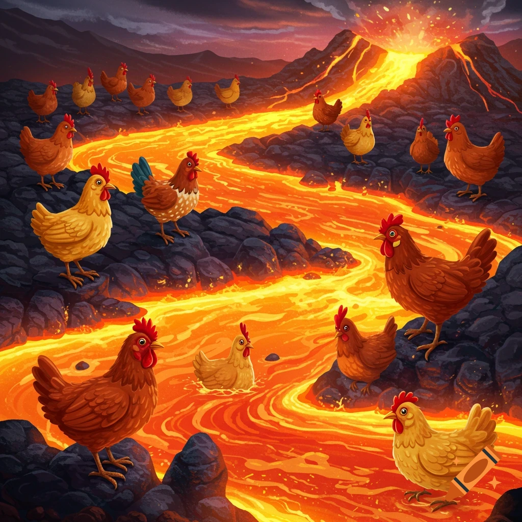 Illustrated scene of chickens around a lava river with an erupting ...