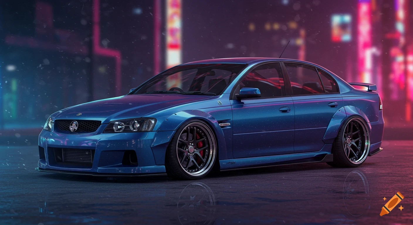 Blue wide-body Holden VZ Commodore sedan on a wet street with blurry ...