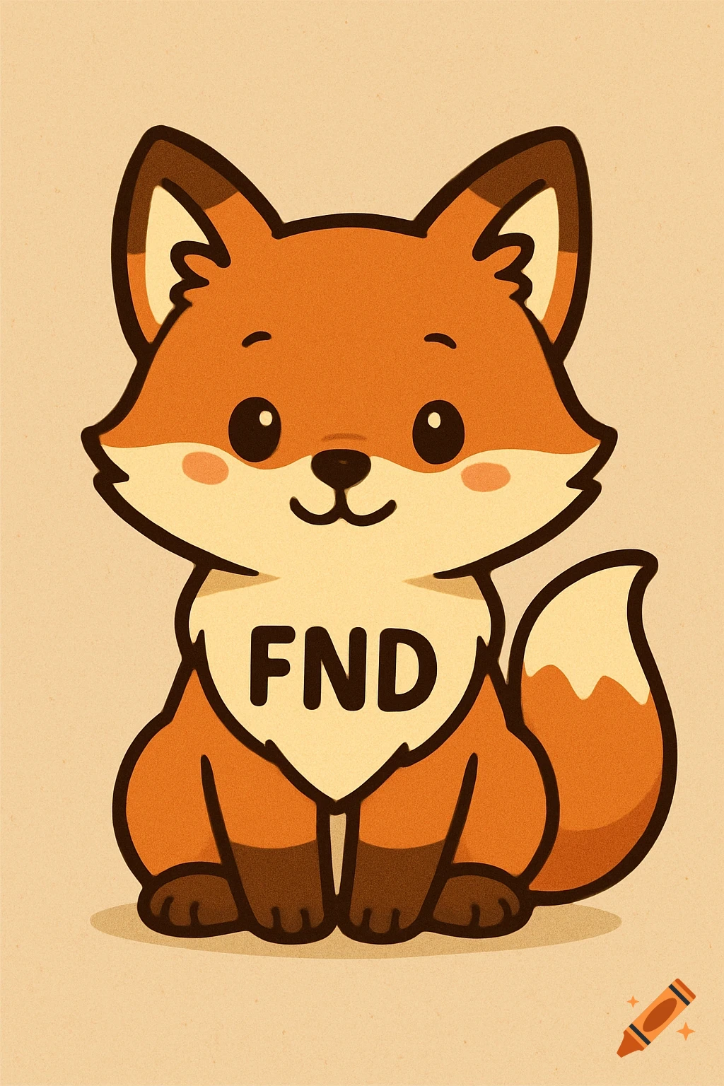 A cute cartoon fox with FND written on its chest. on Craiyon