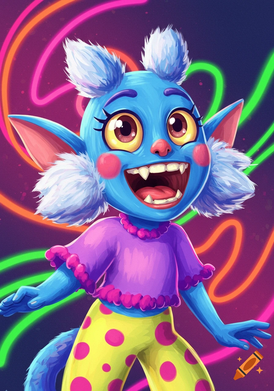 A bright blue cartoon monster character with fluffy ears, pink cheeks ...