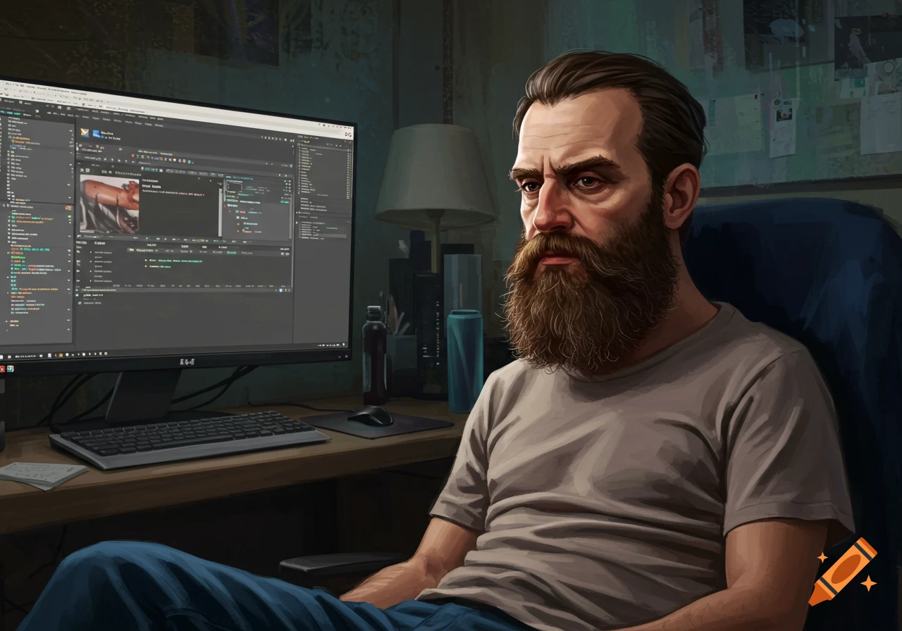 Illustration of a bearded man sitting at a computer desk. on Craiyon
