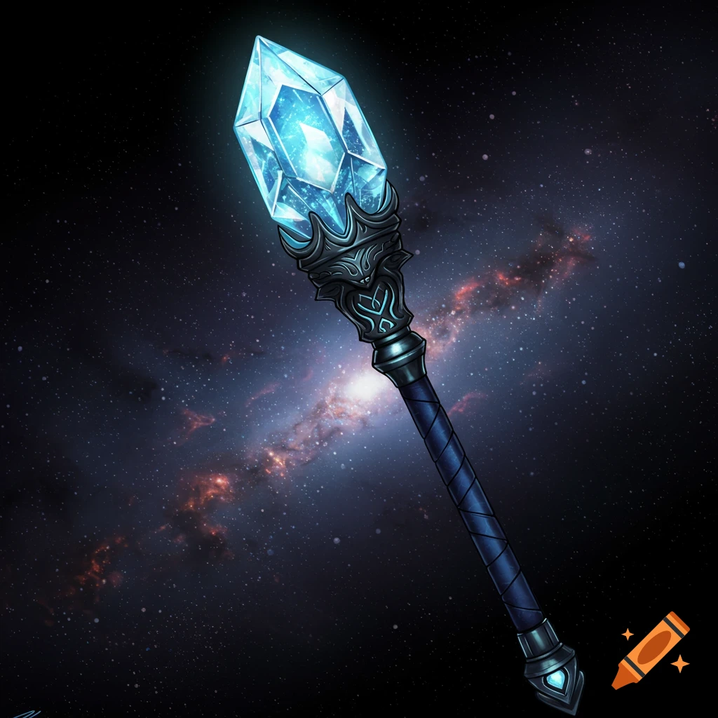 A glowing blue crystal mace against a backdrop of stars and a nebula ...