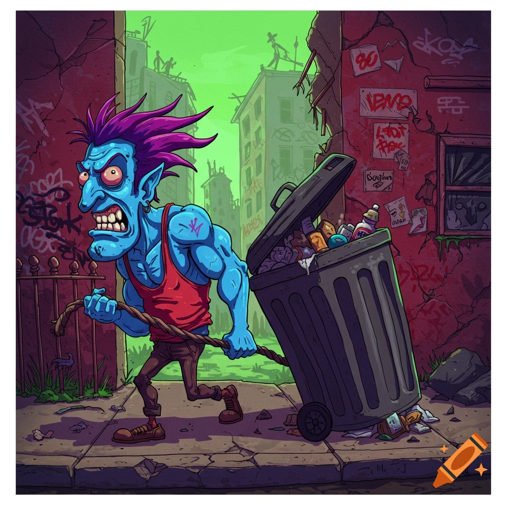 A blue cartoon creature with purple hair drags an overflowing trash can ...