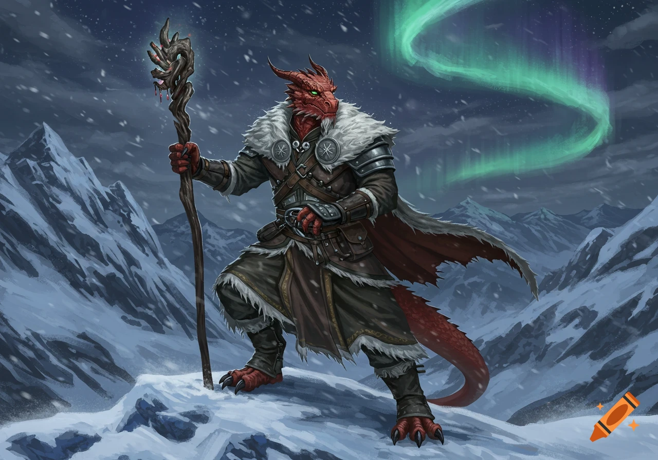 Red dragonborn wizard with staff on snowy mountain peak under northern lights on Craiyon