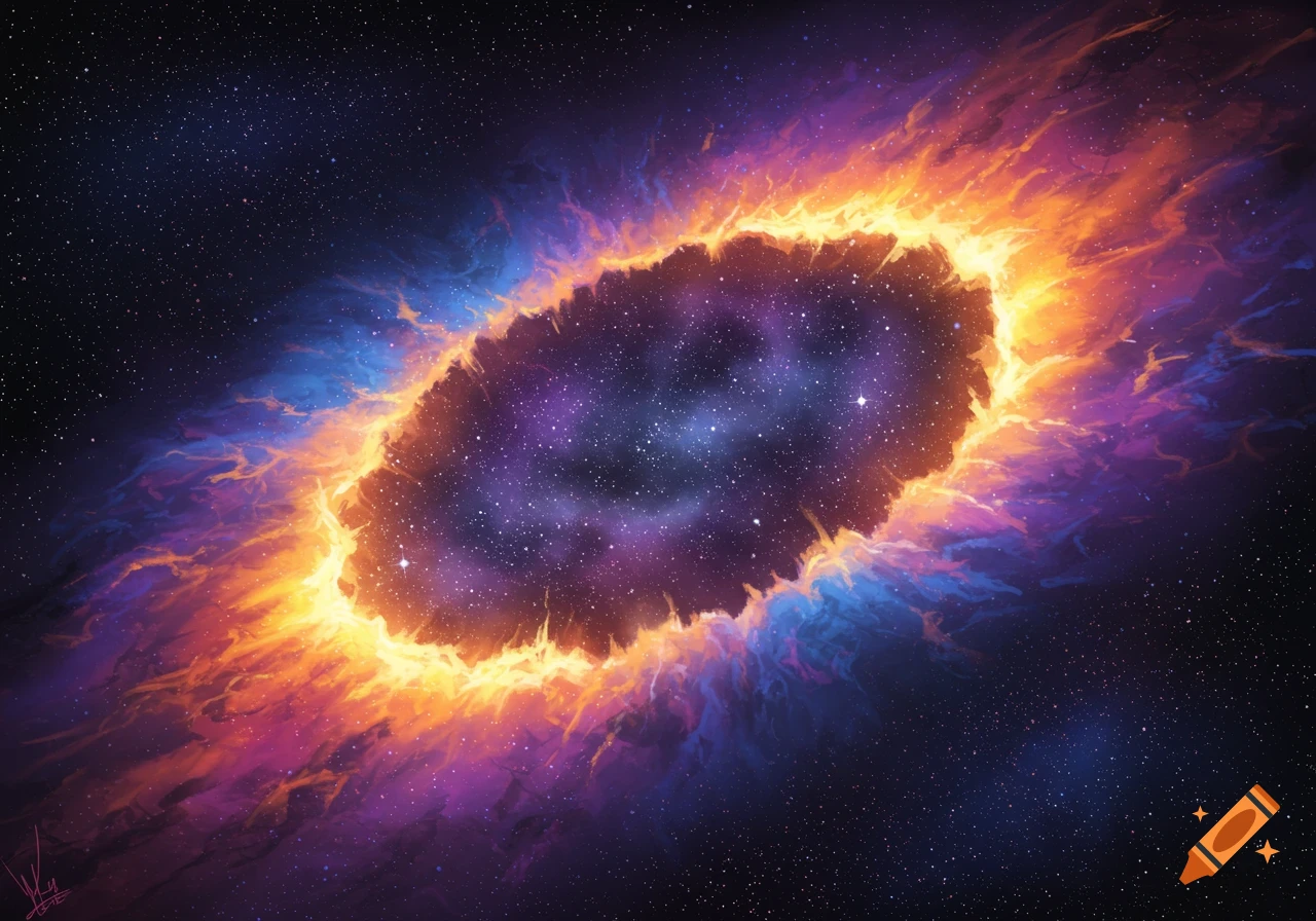 A vibrant, colorful cosmic nebula or rift in space surrounded by stars ...