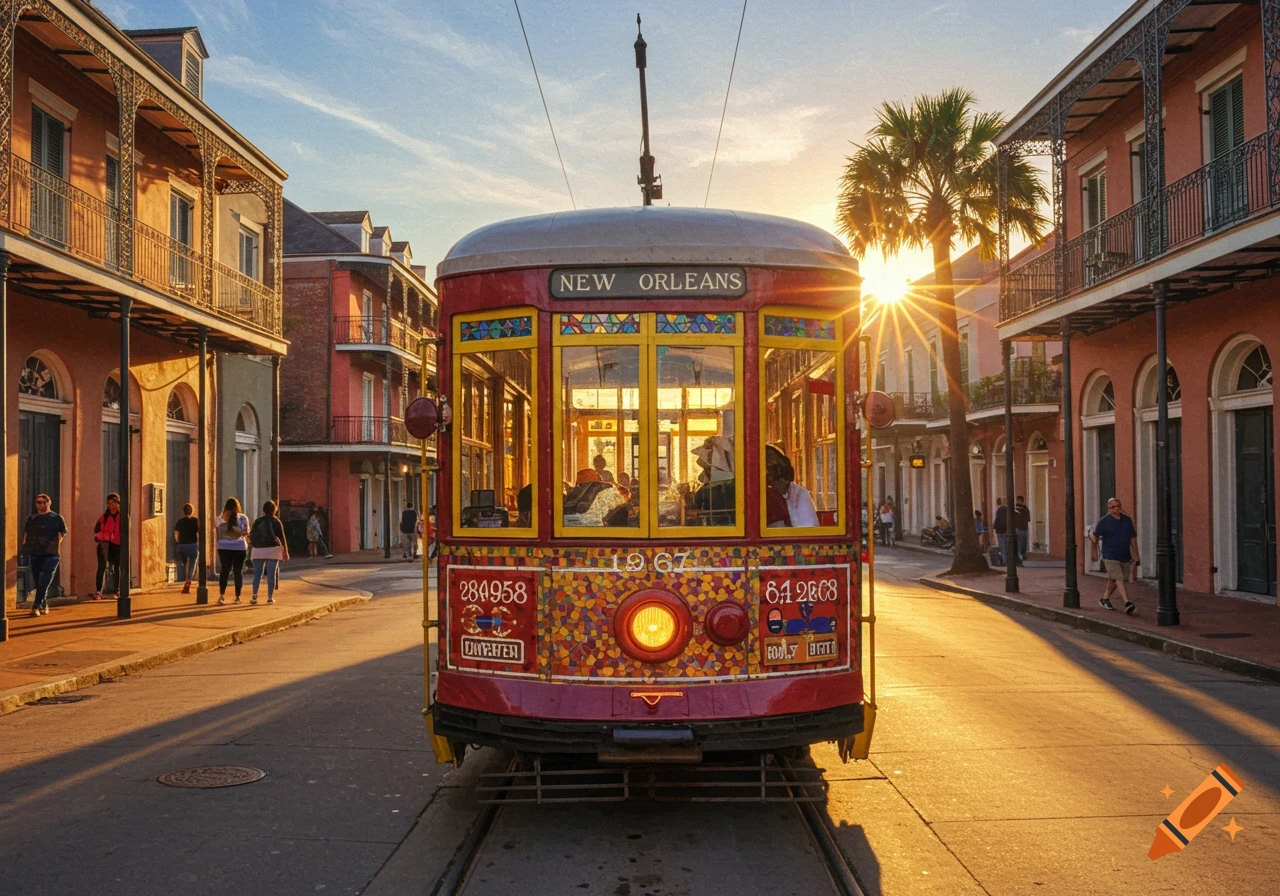 A red streetcar sits on tracks in a street in New Orleans with colorful ...