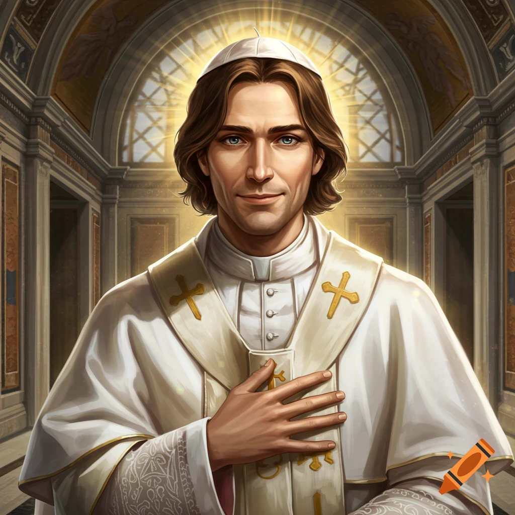 Man with brown hair and blue eyes wearing white papal robes in a church ...