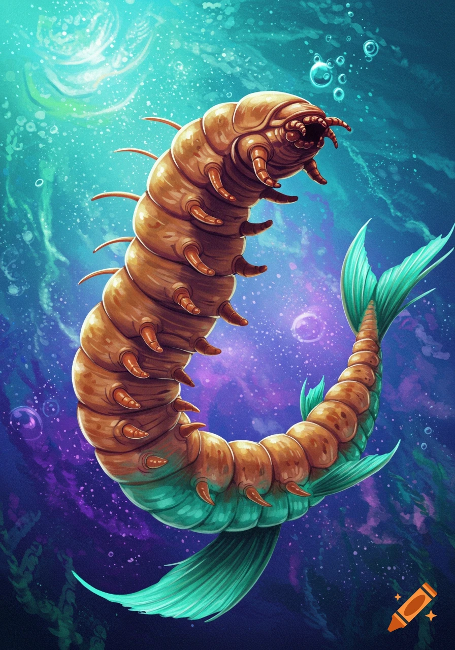 An illustration of a segmented creature with a worm body and a fish ...