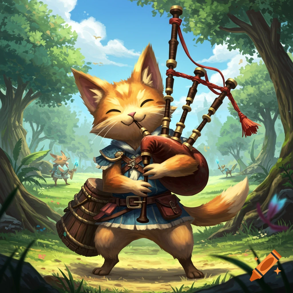 A cartoon cat playing bagpipes in a forest clearing. on Craiyon