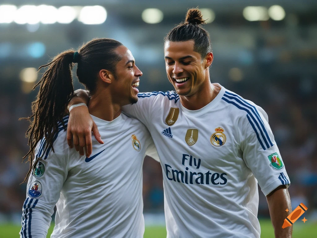 Two football players embrace on the pitch, smiling. on Craiyon