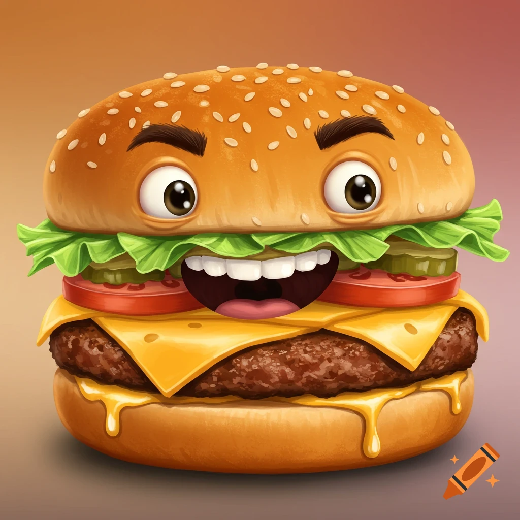 Cartoon cheeseburger with a wide smiling face. on Craiyon