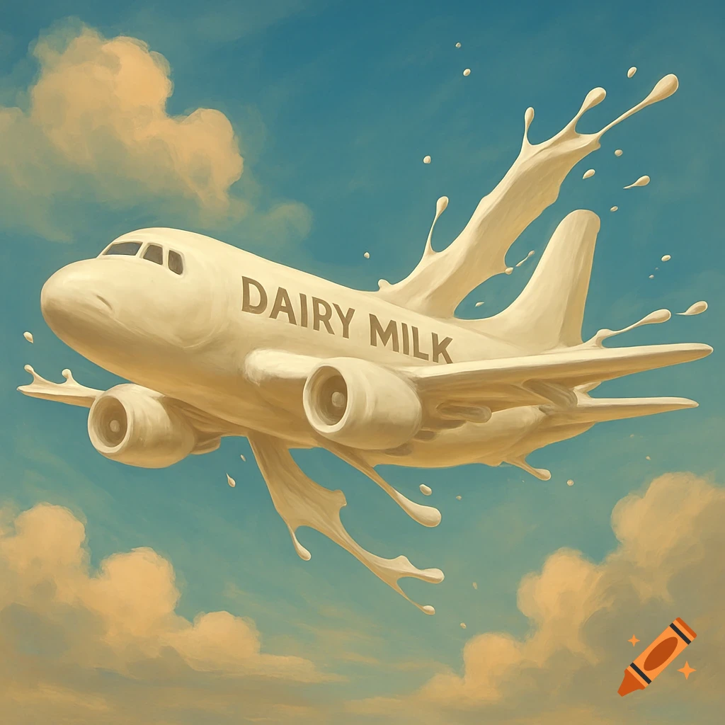 A painterly image of an airplane made of milk splashing through the sky ...