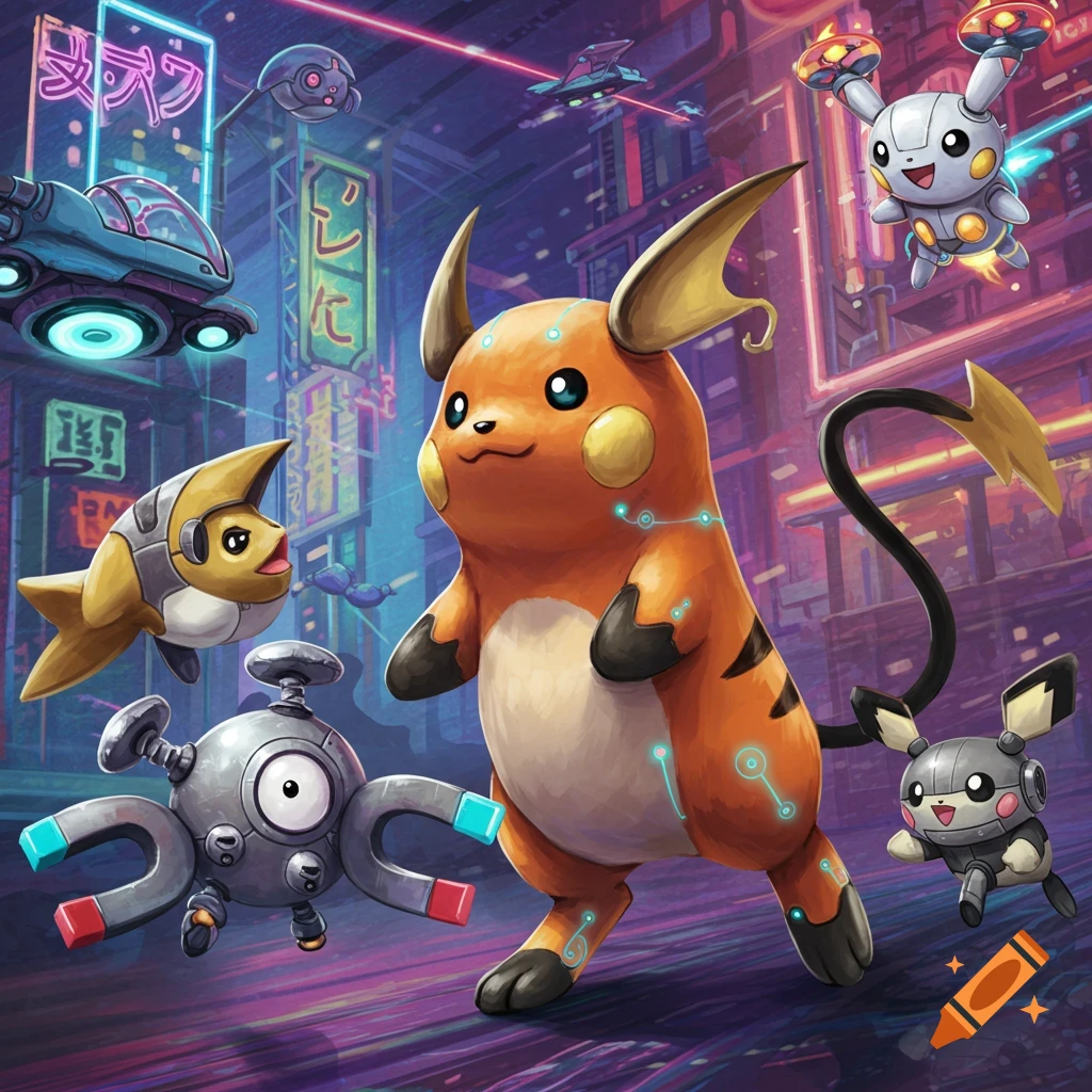 Pokemon characters Raichu, Magmite, and others in a glowing cyberpunk ...