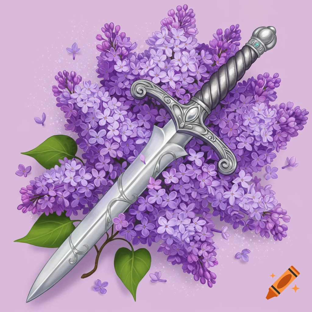 A silver sword rests on a bed of purple lilacs. on Craiyon