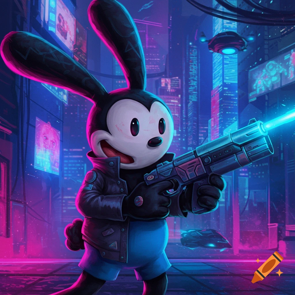A cartoon rabbit (Oswald) holds a laser gun in a neon-lit cyberpunk ...