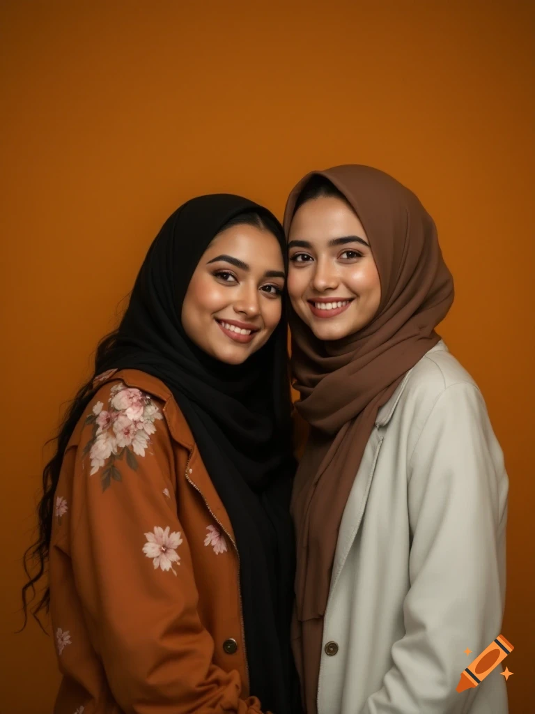 Two smiling women wearing hijabs and jackets pose for a portrait against an orange background ...