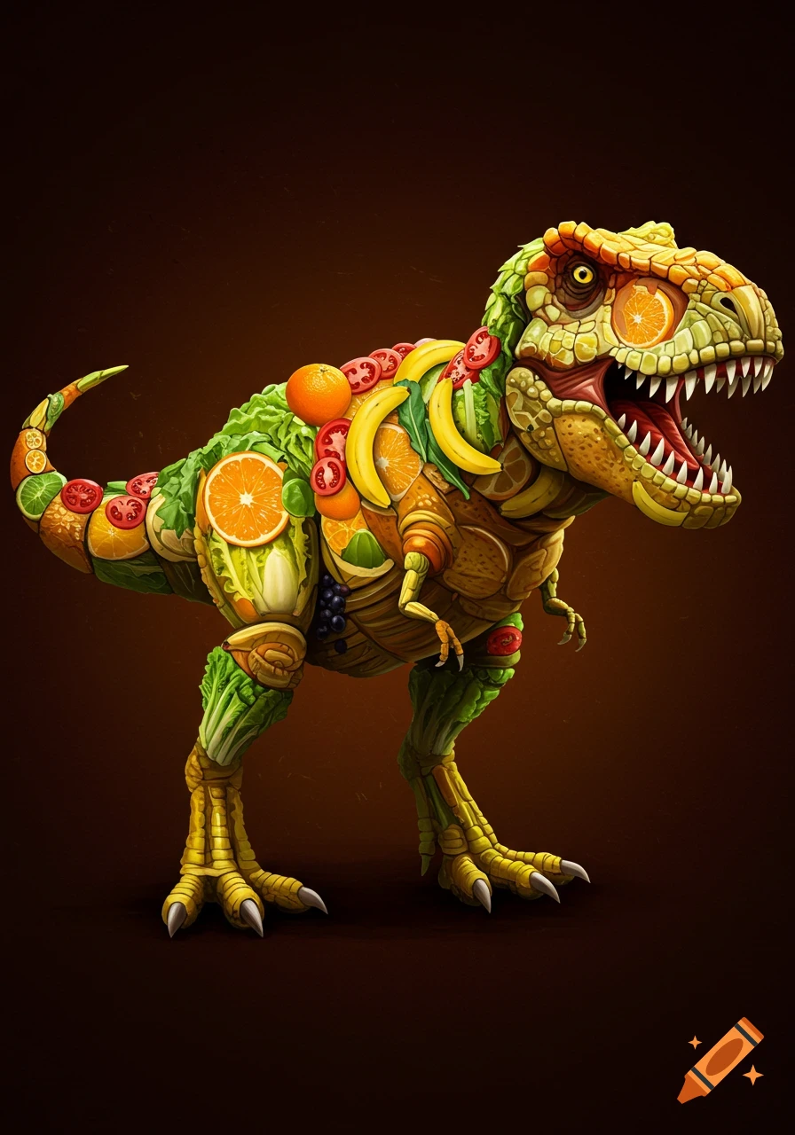 Illustration of a Tyrannosaurus Rex made from fruits and vegetables ...