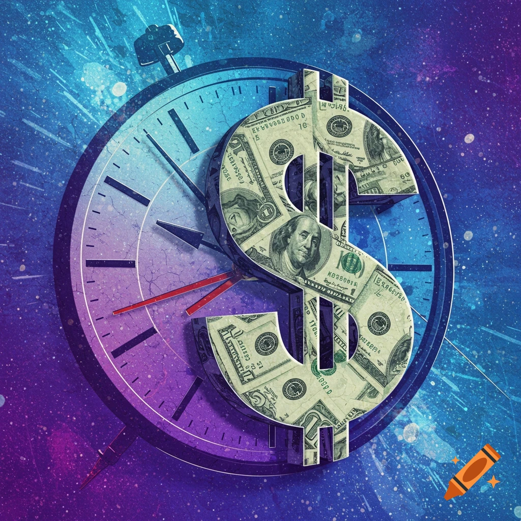 A stylized dollar sign made of money on a clock face. on Craiyon