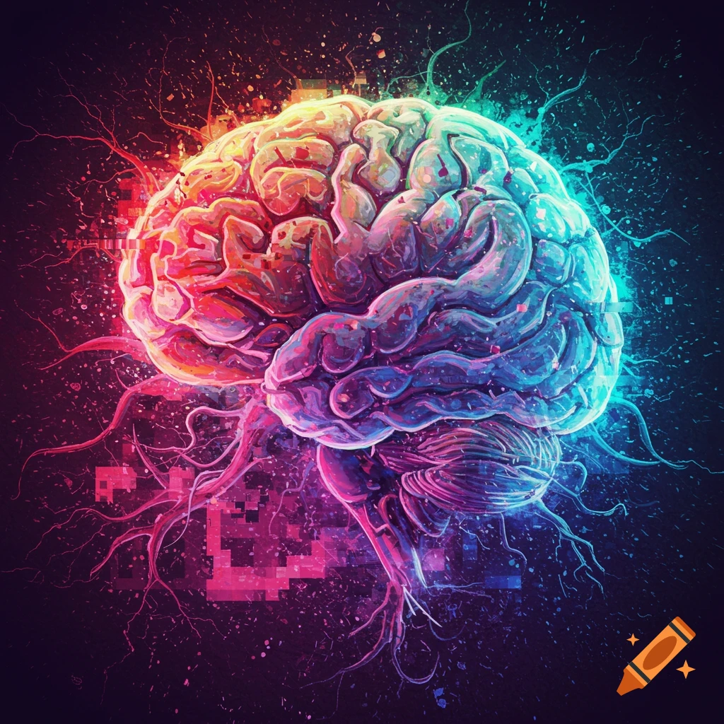 Vibrant, split-color brain illustration with red/orange on the left ...