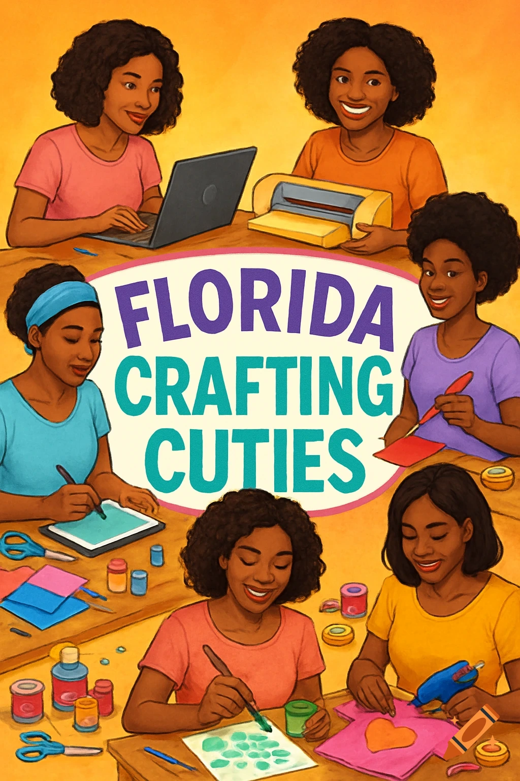 Illustration of black women crafting around a table with supplies and ...