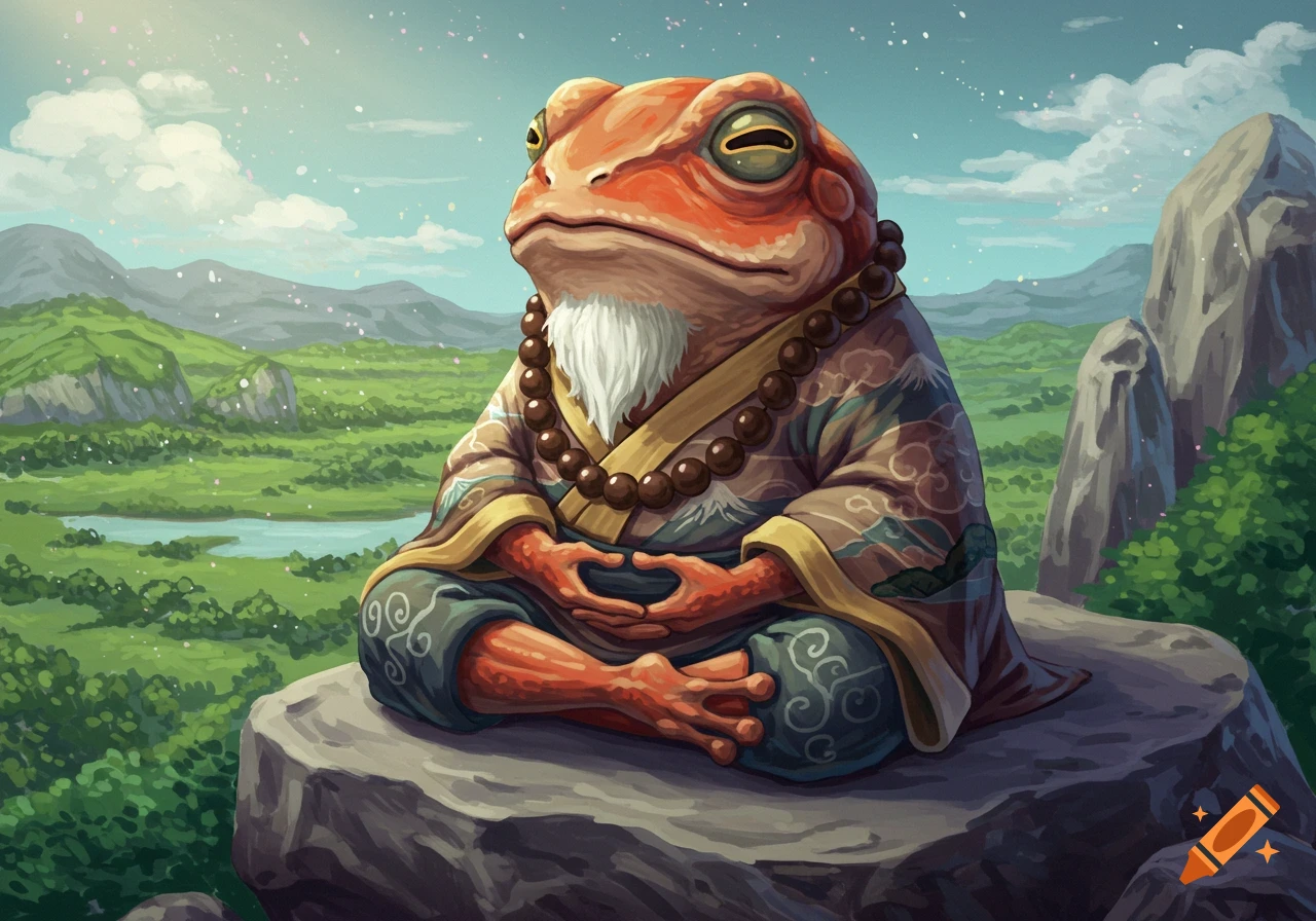 A stylized orange toad in a robe meditates on a rock overlooking a ...