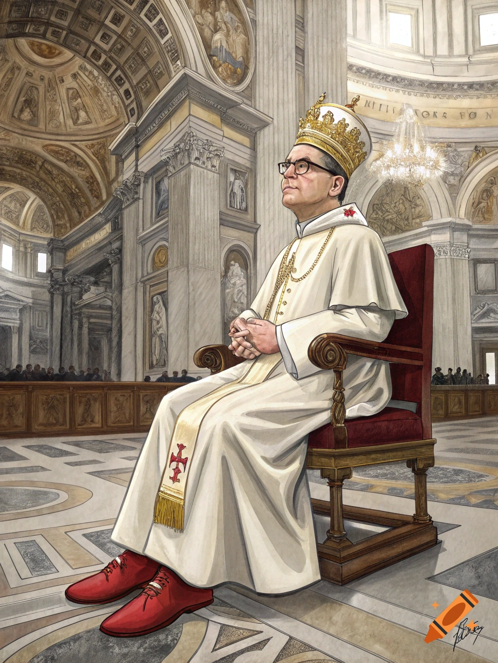 Illustration of a man resembling Jared Fogel as a pope sitting in a ...
